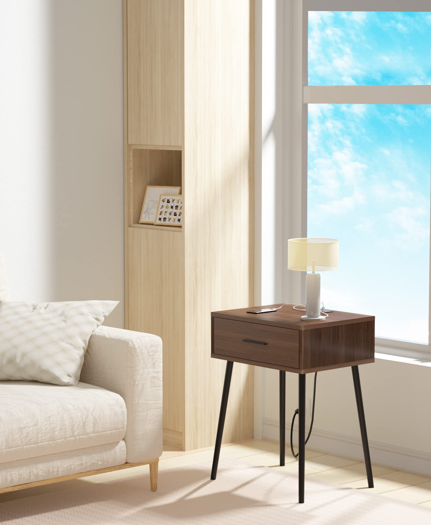 HAIOOU Set of 2 Mid Century Nightstand with Charging Station, End Table Modern Side Table One Drawer with Premium Matte Black Handle and Pine Wood Legs for Home Bedroom Living Room