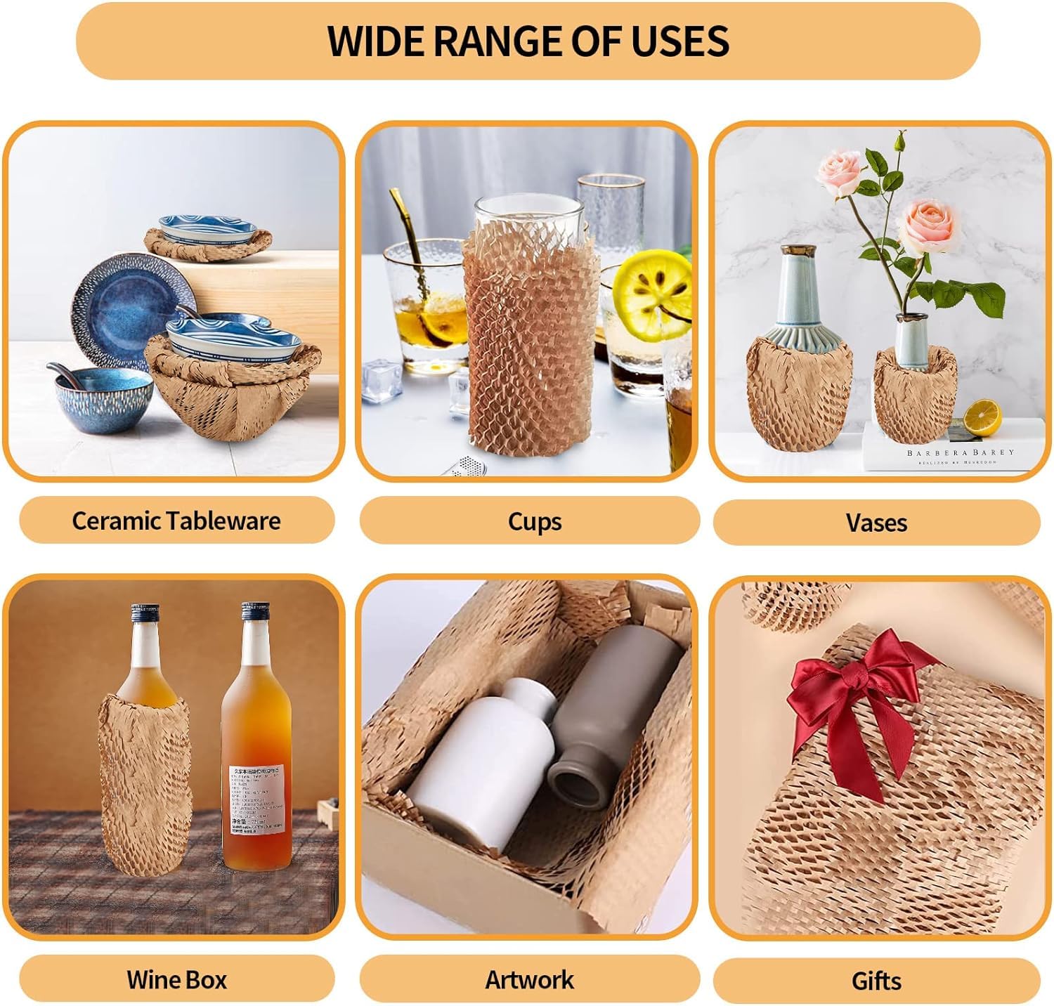 Honeycomb Packing Paper, 15"x200' Honeycomb Cushioning Bubble Wrap Paper Roll for Moving Shipping Breakables Packaging Gifts with 20 Fragile Sticker Biodegradable & Fully Recyclable Brown Kraft
