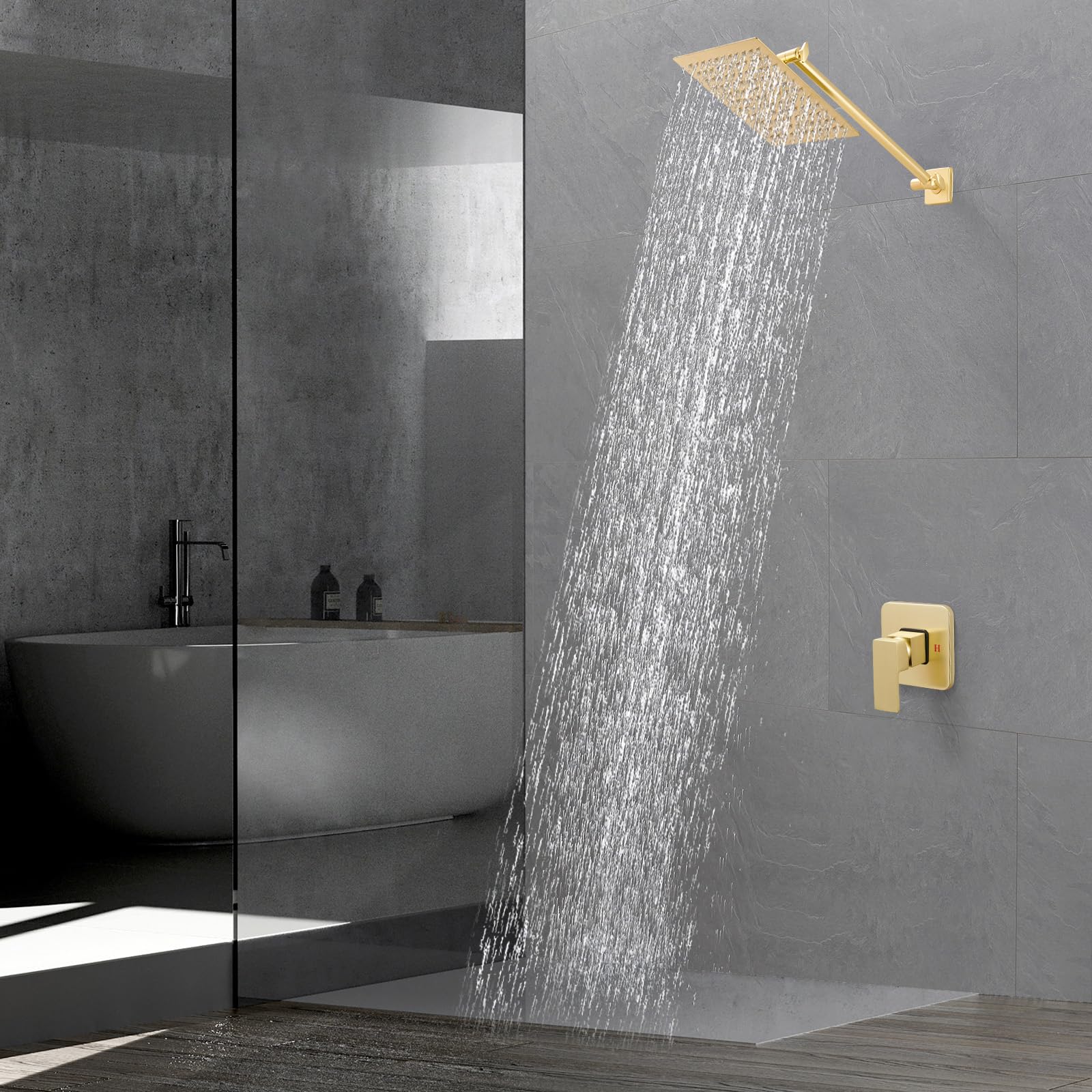 Hoimpro Adjustable Extension Shower Arm Shower System with 8 Inch Rain Shower Head Wall Mounted Shower Kit, Bathroom Rainfall Shower Faucet Fixture Combo Set with Rough-in Valve Body, Brushed Gold