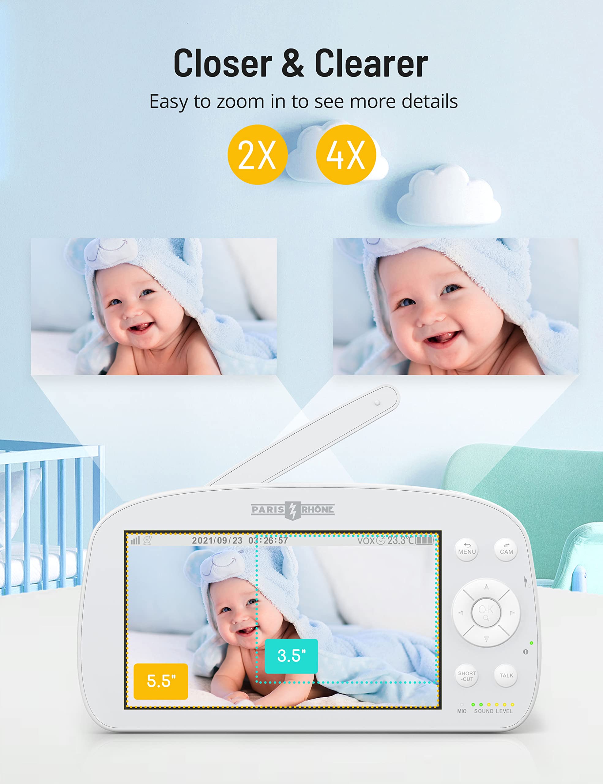 PARIS RHÔNE Baby Monitor, 5.5" 1080P Split Screen Baby Video, 2-Way Talk, 1000ft Range, 5000mAh Battery, HD Night Vision, Pan Tilt Zoom, VOX Mode, Temperature Sensor, White (PE-IH004)