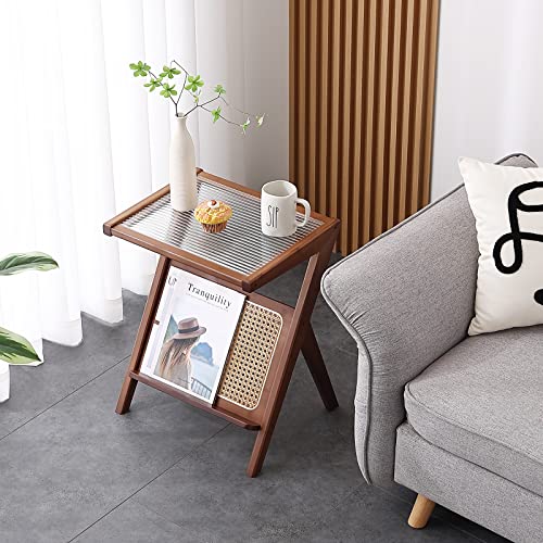 Tiita Rattan Nightstand Side Table, Bamboo Accent Bedside Tables, Glass Coffee Tables, Boho Wooden End Table with Storage for Small Space, Living Room and Bedroom
