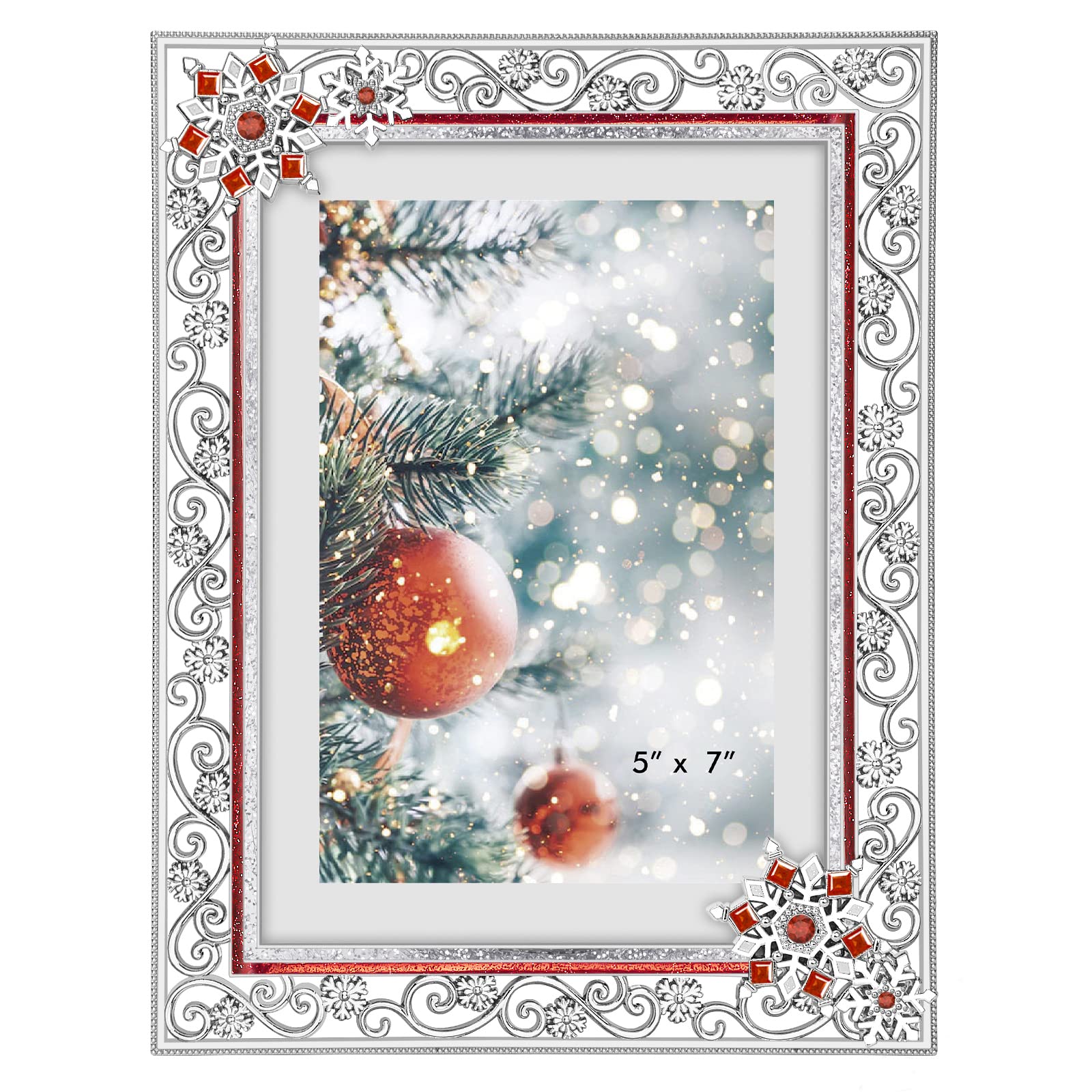 GUOER Christmas Decorations Photo Frame 5x7 Inch Snowflake Christmas Metal Photo Display Picture Frames with High Definition Glass Front Gift Ideas Tabletop Home Decorative (Red,5x7)
