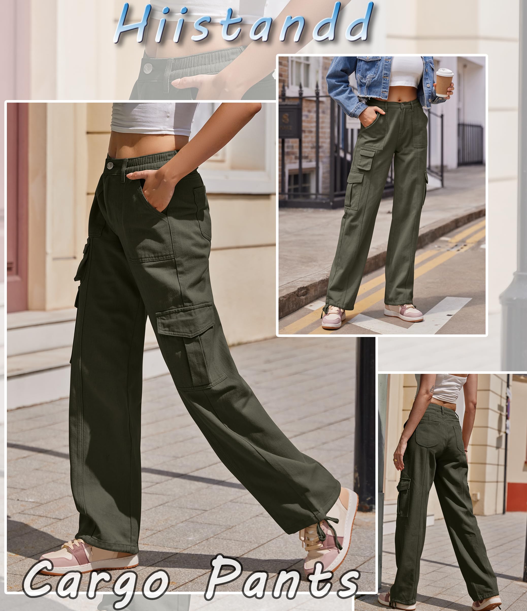 Hiistandd Women's High Waisted Cargo Pants Cotton Wide Leg Casual Pants Combat Military Work Trouser(Army Green,S)