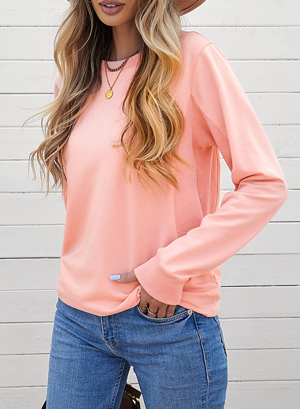 Happy Sailed Women's Casual Long Sleeve Sweatshirts Crewneck Pullover Tunic Shirts Tops Pink 2X-Large