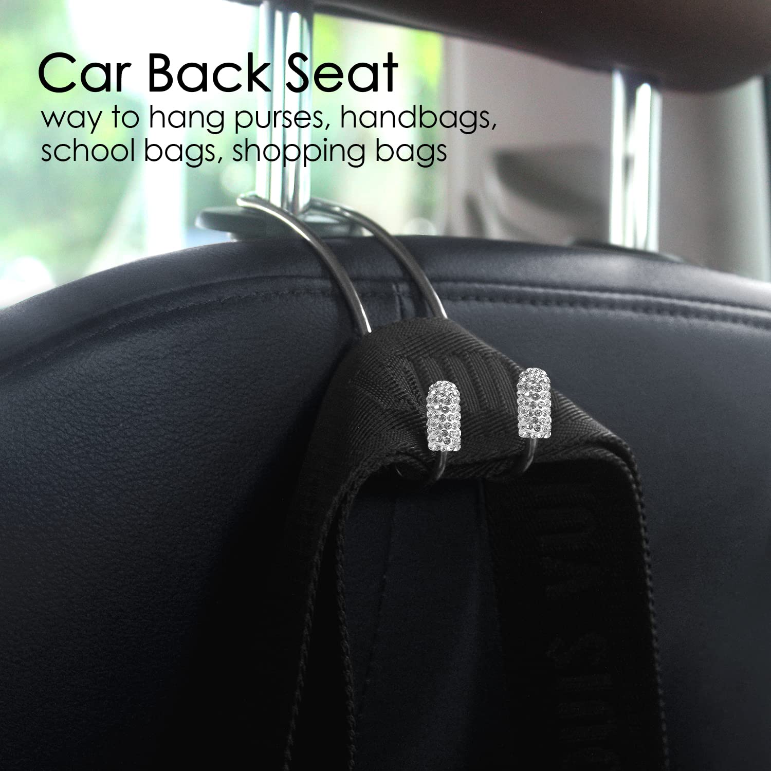 Guoord 【2024 Upgraded】 Car Headrest Hook Decorations, 2 Pcs Bling Purse Hook Hangers, Stainless Hooks Car Hangers and Durable Backseat Holder, Storage Universal for SUV Truck Vehicle(White)