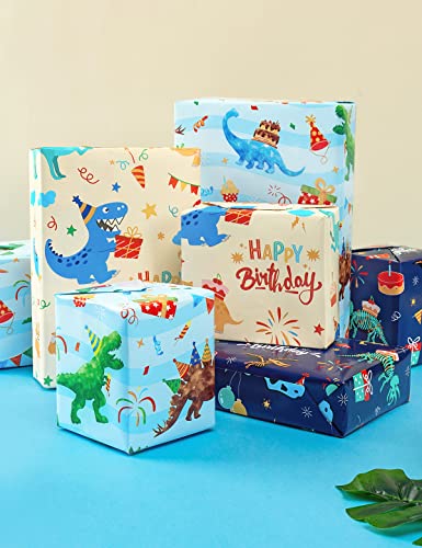 WERNNSAI Dinosaur Wrapping Paper - 10 Sheets Dinosaur Gift Wrapping Paper for Boys Girls 3 Styles Patterns Wrap Paper Rolls Happy Birthday Wrapping Paper Dino Party Favor Present (20ββ x 27ββ/ Sheet)