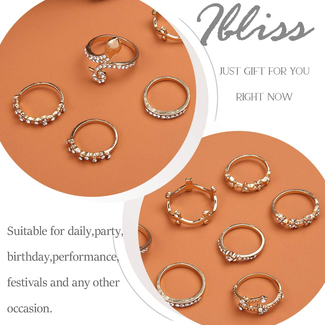 Ibliss Boho Rings Set Crystal Mid Joint Knuckle Rings Gold Snake Stackable Finger Rings Jewelry for Women and Girls 9PCS
