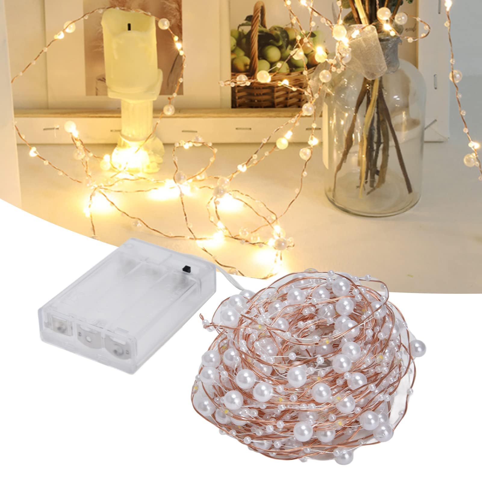 HERCHR Pearl Beads String Lights, 2Pcs 10m / 32.8ft Battery Operated Fairy Lights Pearl Fairy String Lights Warm White Copper Wire Lights for Indoor Outdoor