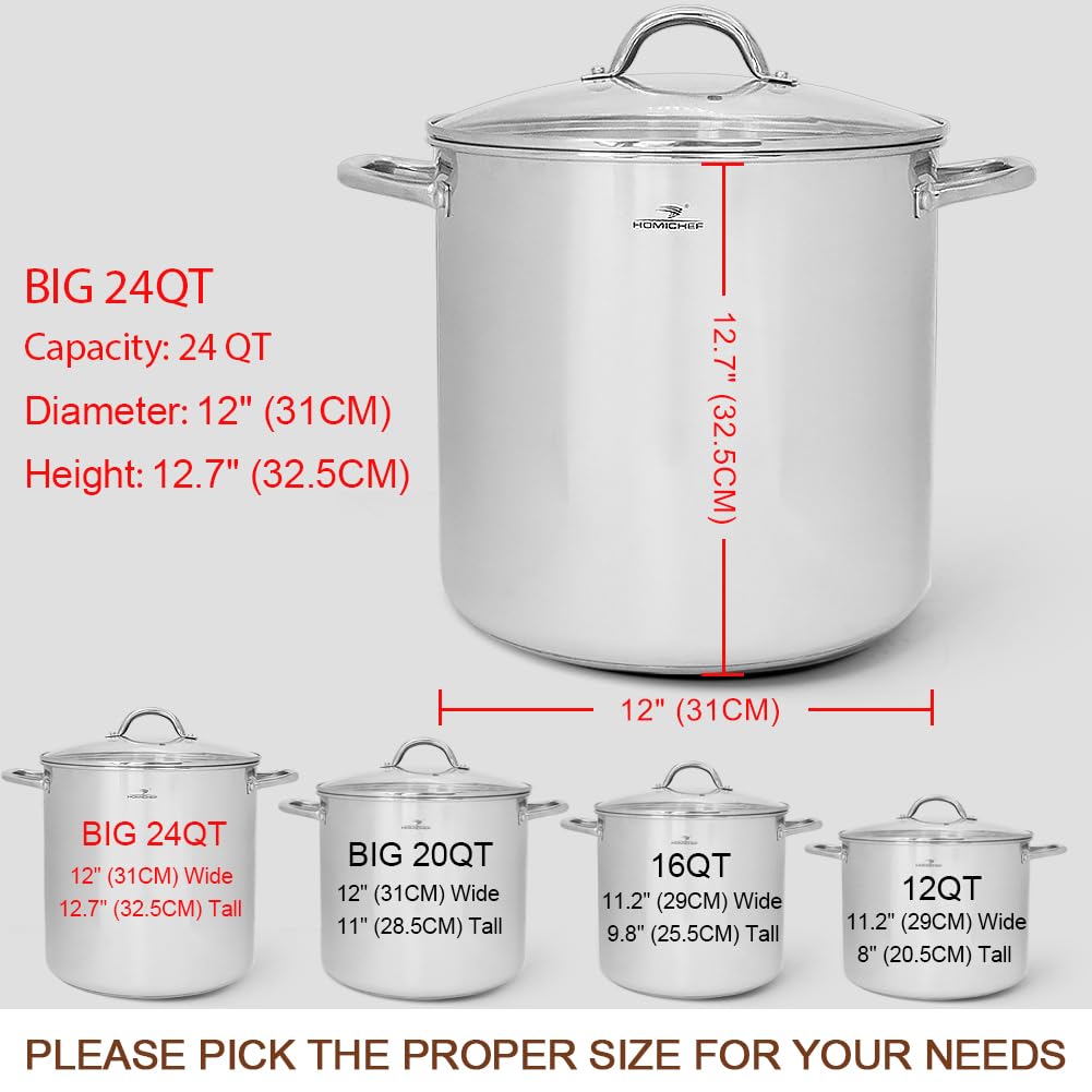 HOMICHEF 24 Quart Large Nickel-Free Stainless Steel Stock Pot With Lid - Polished Heavy Duty Induction Soup Pot