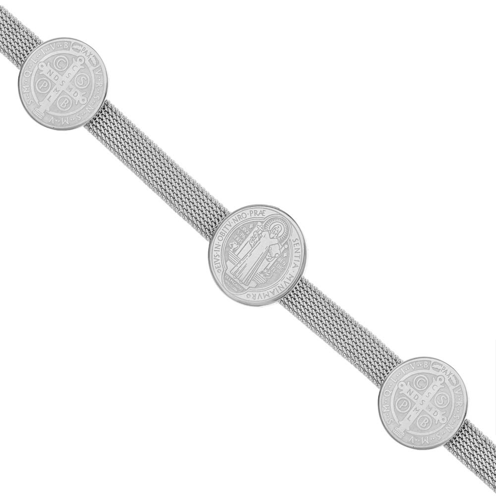 In Season Jewelry Stainless Steel Saint Benedict Protection Catholic Mesh Bracelet for Woman 7"