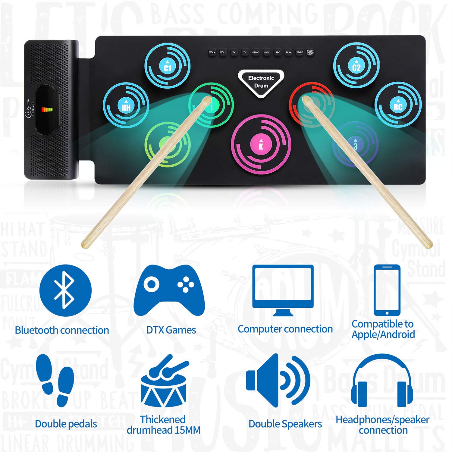 Hricane Electronic Drum Set 9 Pads, Roll Up Drum Practice Kit USB Rechargeable Thickened Drum Pad with MIDI Headphone Jack Built-in Speaker with Foot Pedals Drumsticks for Adult Kids Beginners