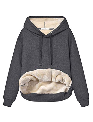 Haellun Womens Casual Winter Warm Fleece Sherpa Lined Pullover Hooded Sweatshirt (Dark grey, Small)