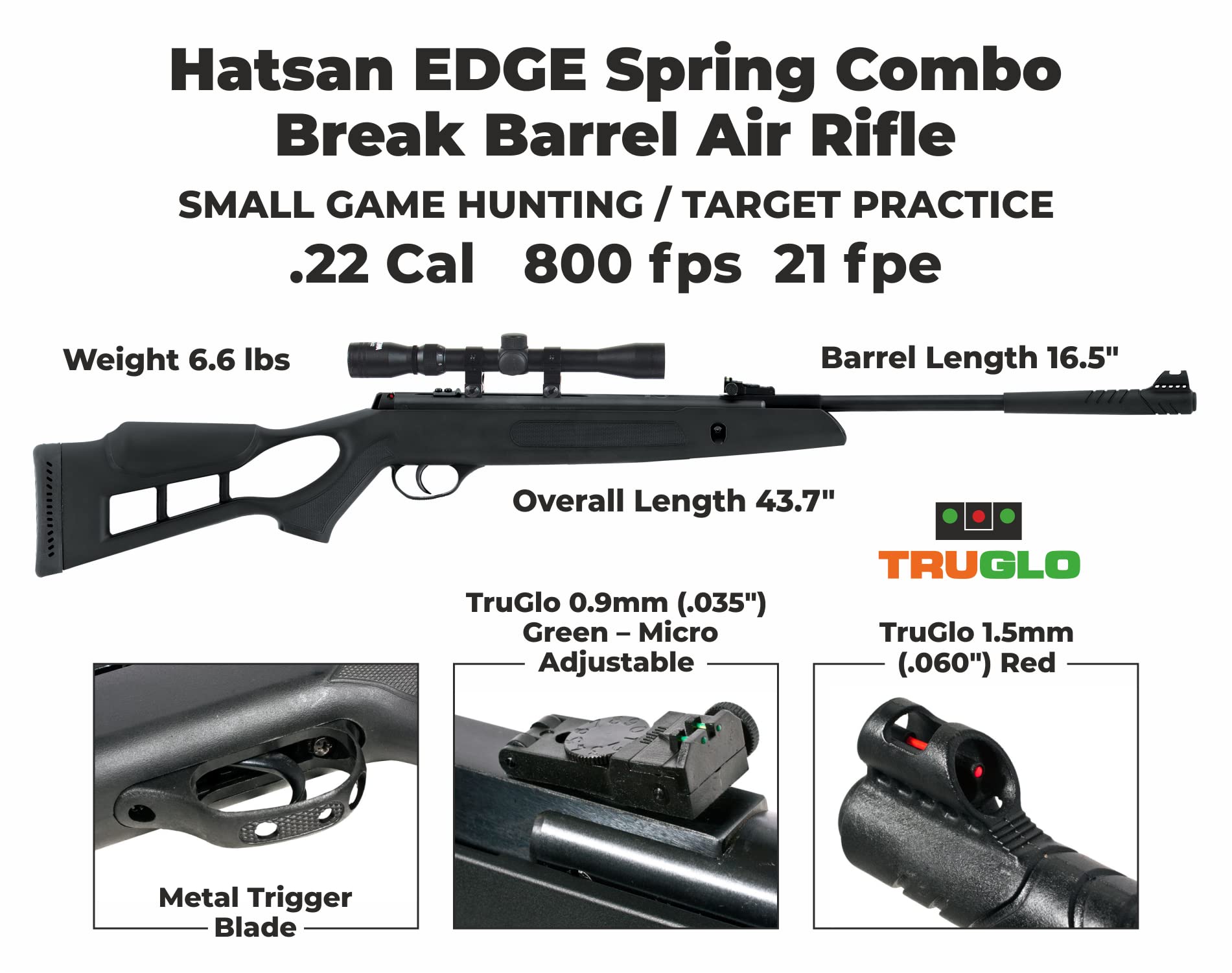 Hatsan Edge .22 Cal 1000 FPS / 21 FPE - Brake Barrel Air Rifle .22 Caliber w/ 3-9X32 Scope, QuietEnergy (QE) & Spring Piston | Small & Medium Game air Gun + Wearable4U 250x Pellets Bundle