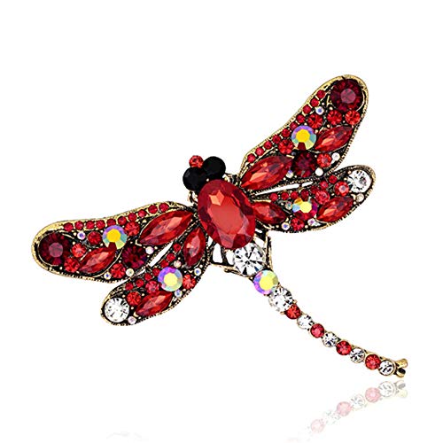 Hsakess Artificial Crystal Rhinestone Dragonfly Brooch Pin Animals Pin Gift for Women Outfits Decoration,Red, 9.1*7.5cm