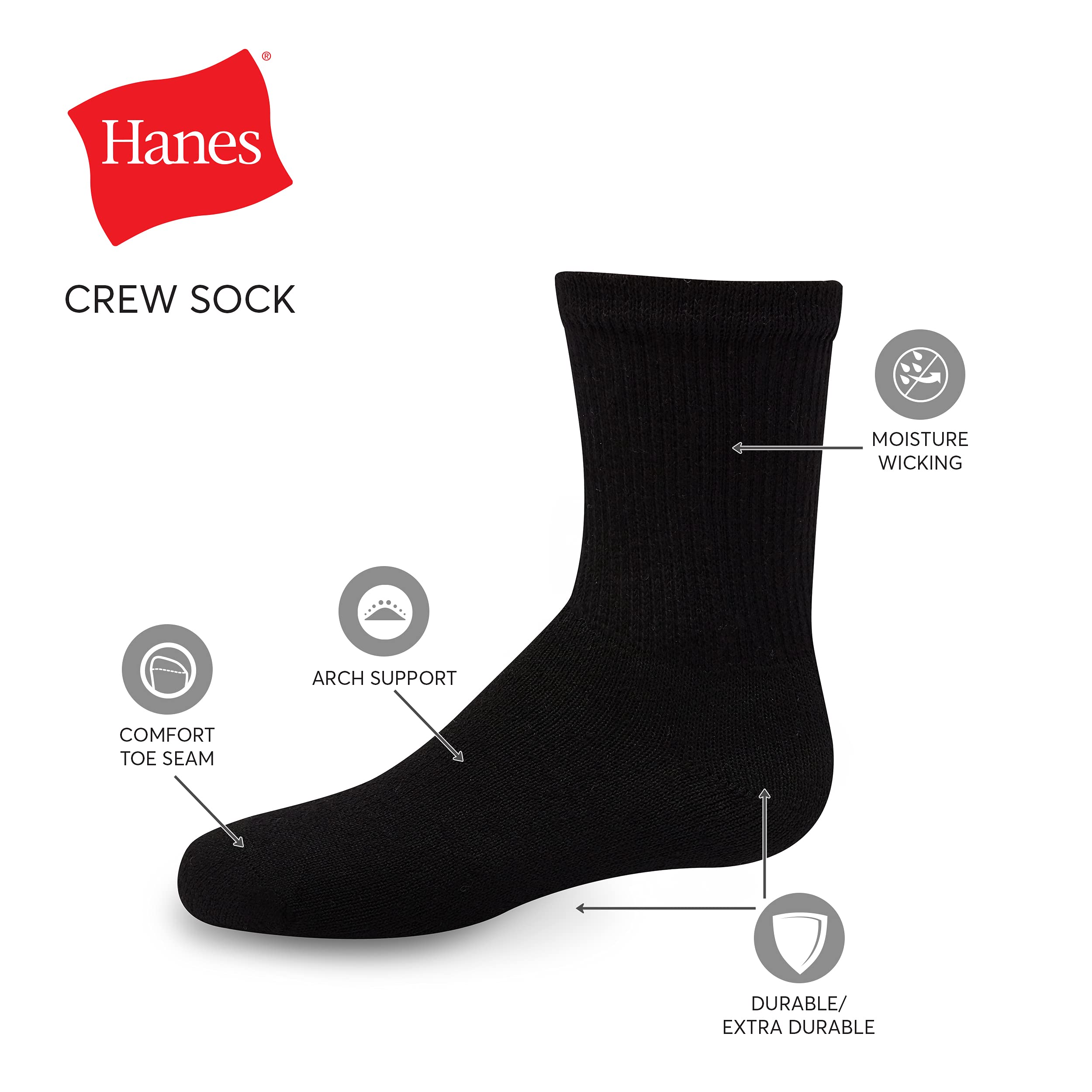 Hanes Medium-Shoe Size: 9-2.5 Boys, Double Tough Cushioned Crew Socks, 12-pair Packs, Black