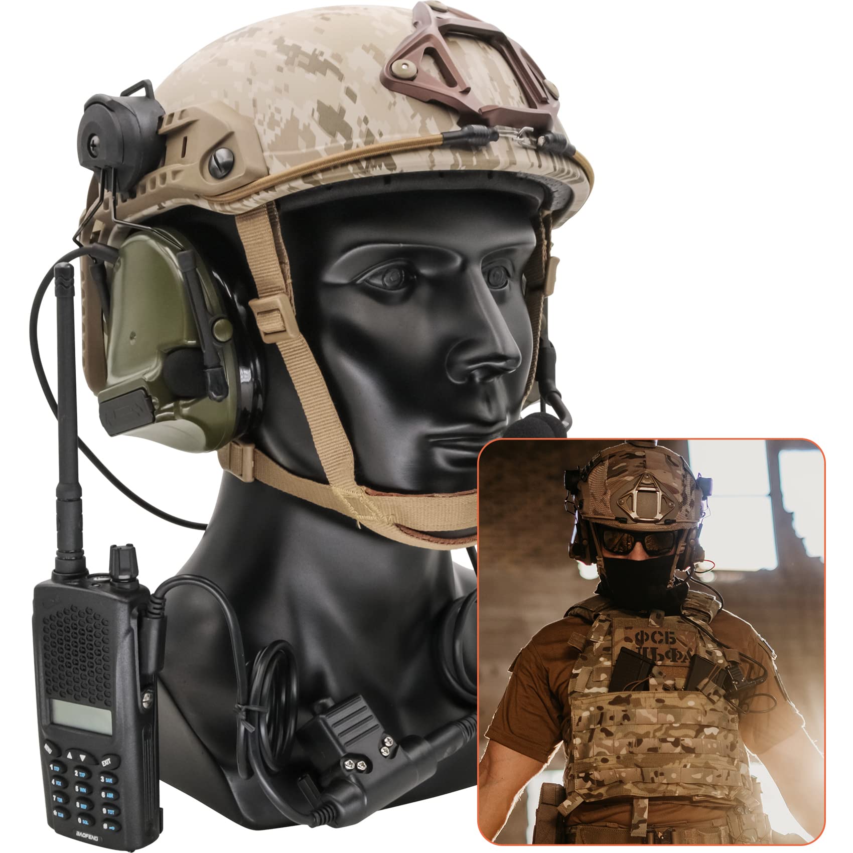 HEARFALCOM Tactical Comta III Headset Helmet ARC Rail Adapter Bracket Version with U94 PTT Adapter Compatible with Baofeng UV-5R, UV-82 Walkie Talkie for Airsoft Sports(FG)