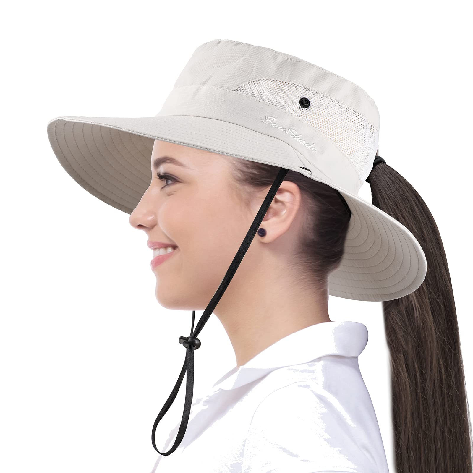 Lesgrod Ponytail Sun Hat for Women UV Protection Foldable Mesh Wide Brim Beach Fishing Hat (Pure Beige)