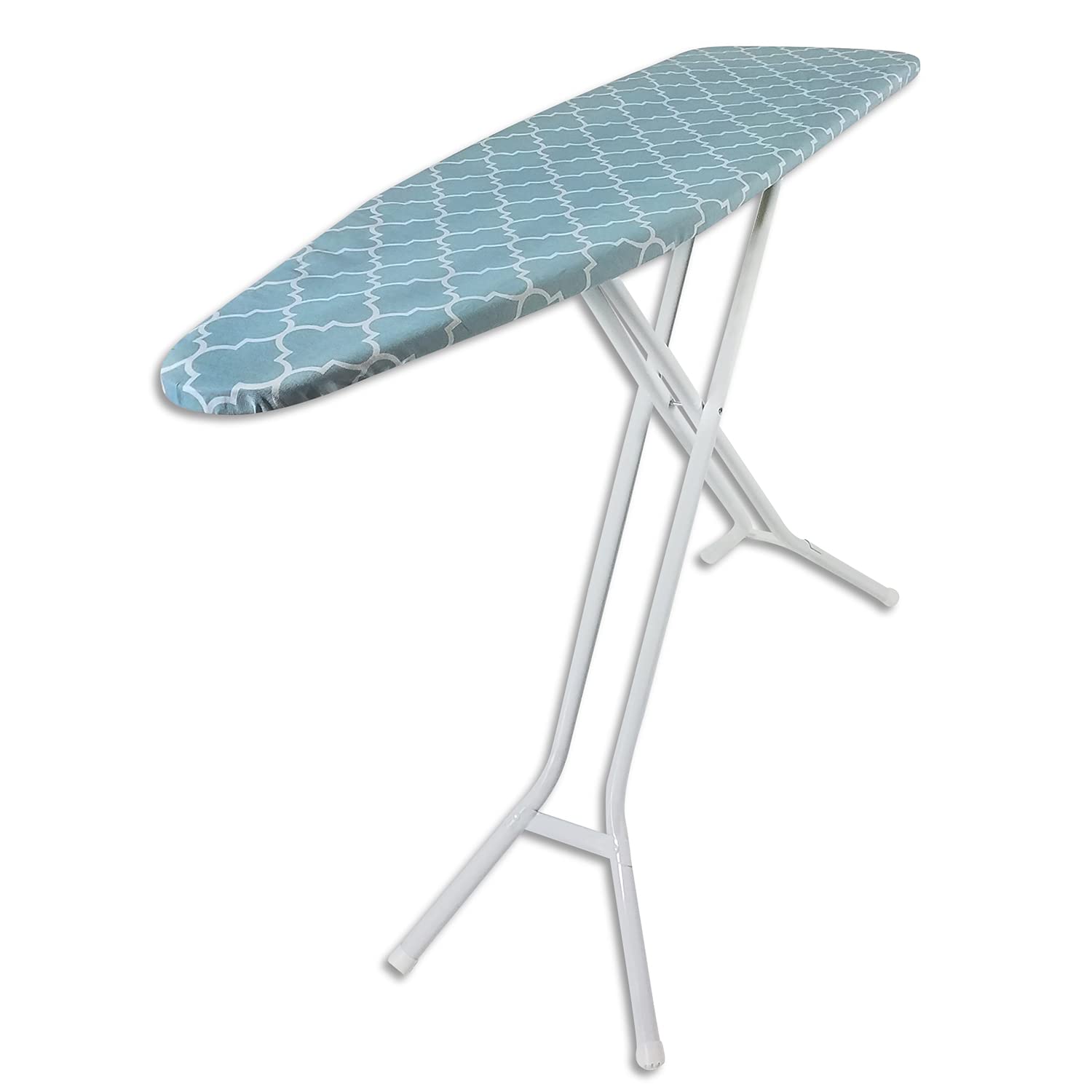 Homz 4 Leg Steel Top Standard Freestanding Folding Ironing Board with White Frame, Blue Lattice Cotton Cover, and Foam Padding