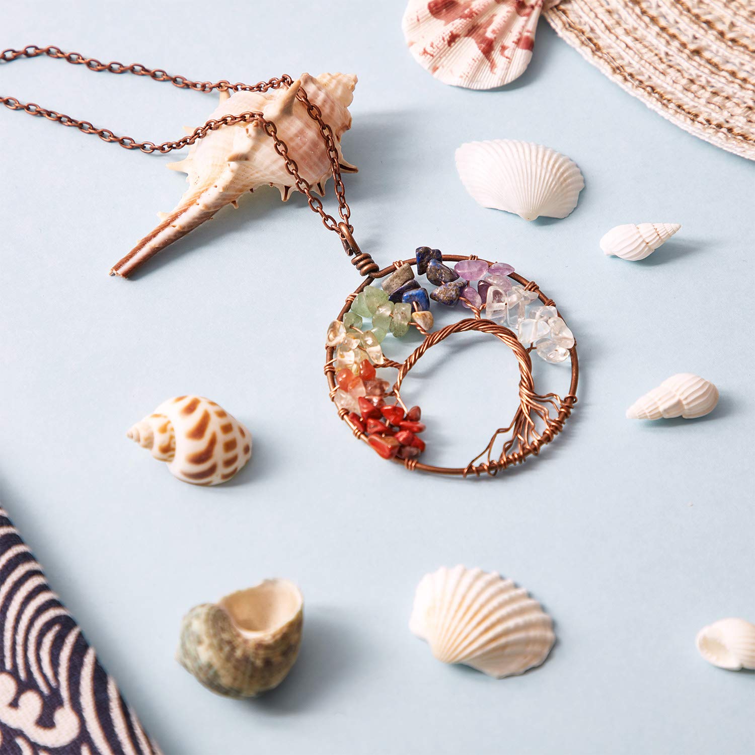 Hicarer 3 Pieces Tree Life Pendant Tree Life Quartz Crystal Pendant Necklace Chakra Gemstone Copper Wire Wrap Necklace
