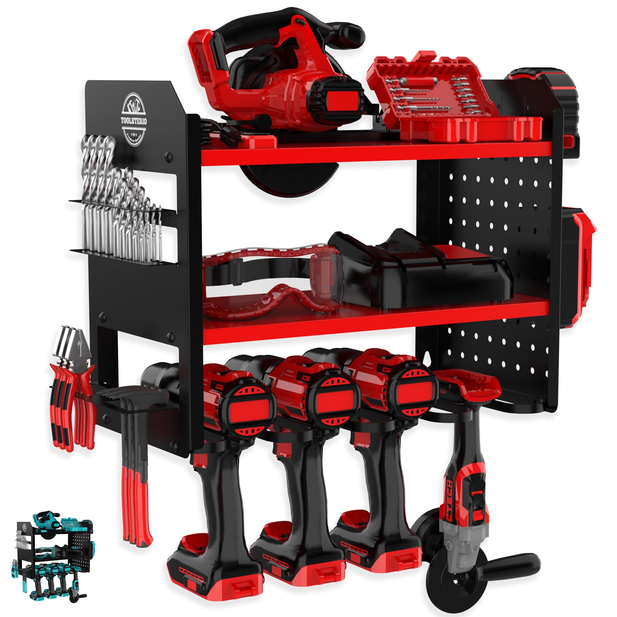 TOOLSTERIO Power Tool Organizer Wallmount - 3 Layer, 4 Drill Storage, Heavy duty - Metal Tool Storage Rack - Utility Racks, Saw Holder, Cordless Tool Organizer, Pegboard Mounted Workshop Shelf - Red