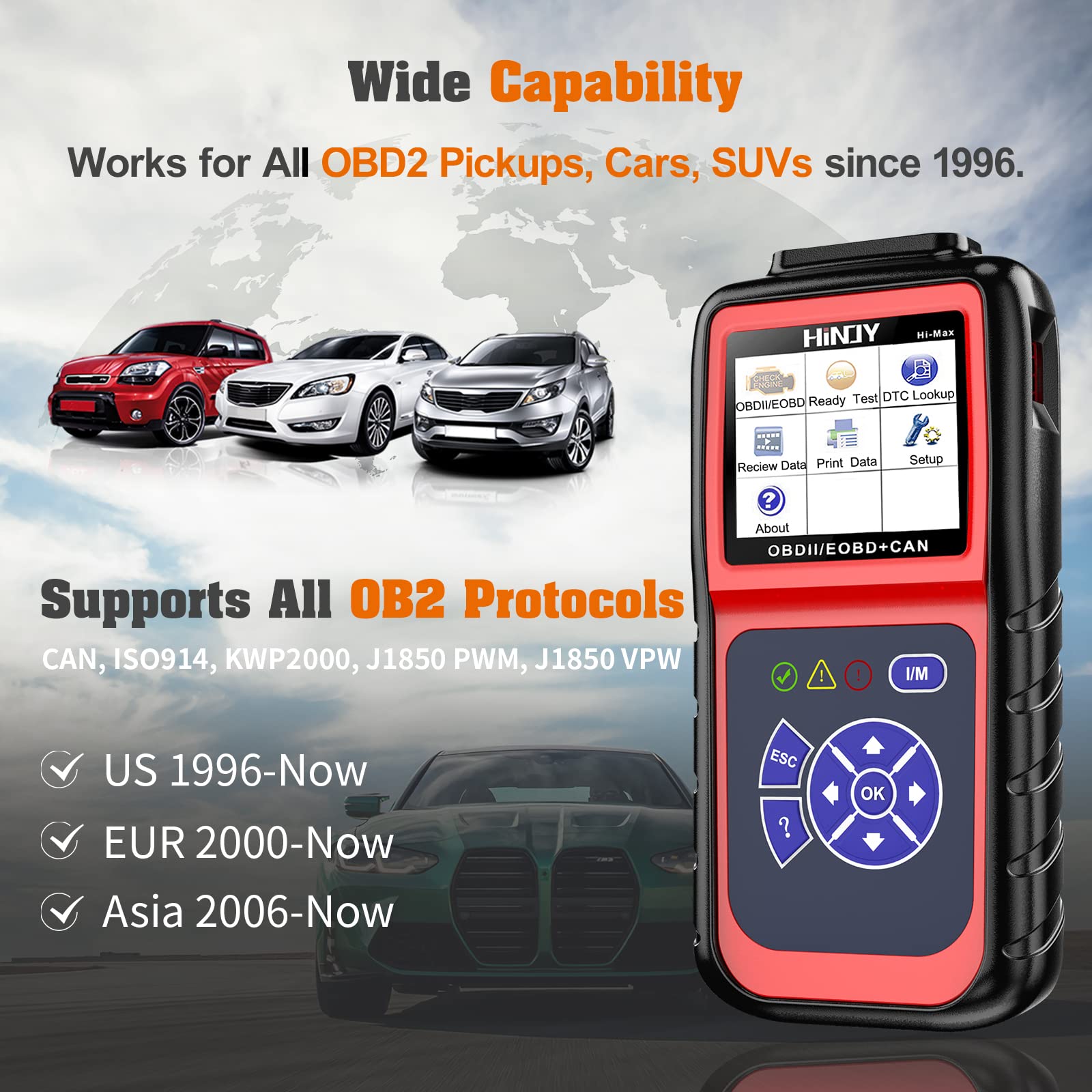 HINOY Hi-Max OBD2 Scanner, Enhanced Universal Car Engine Fault Code Reader & Live Data CAN Diagnostic Scan Tool for All OBD II Protocol Cars Since 1996