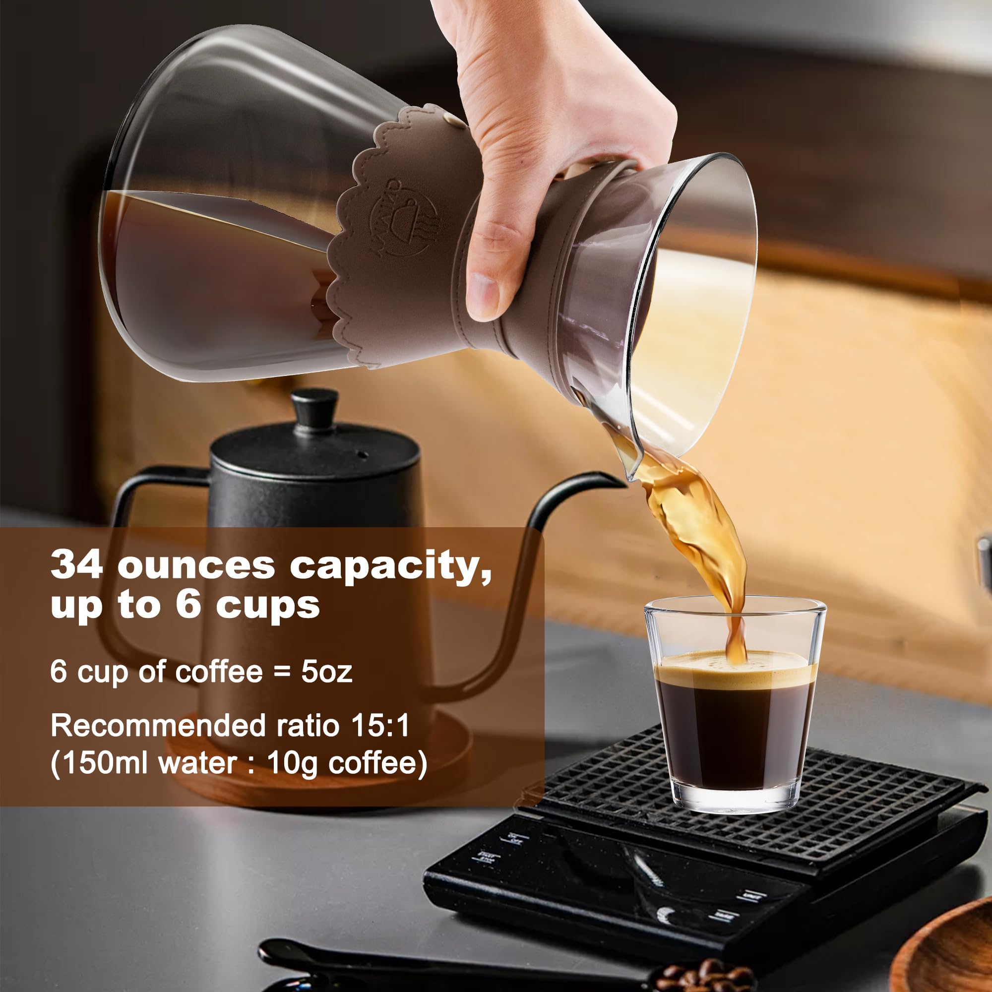 YMMIND 34oz Pour Over Coffee Maker with Double Layer Stainless Steel Filter, Borosilicate Glass Dripper, Detachable Heat-Resistant Leather Pad 7-8 Cups Coffee Maker Carafe(Dark brown)
