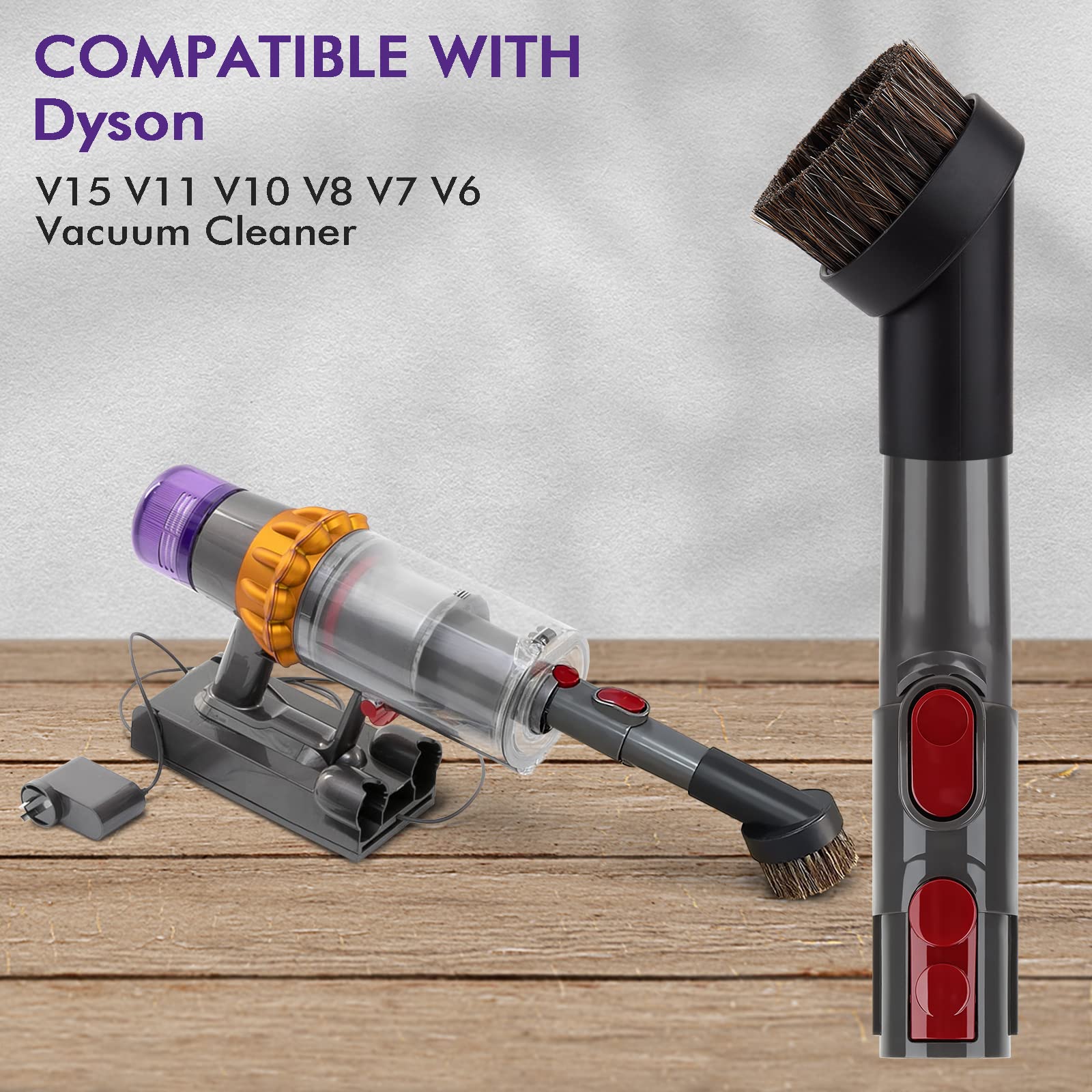 Horse Hair 1.25" Vacuum Brush Attachment Adapter Compatible with Dyson V15 V11 V10 V8 V7 V6 Vacuum Cleaner, Universal Tool Adaptor Converter and Power Button Control Clamp