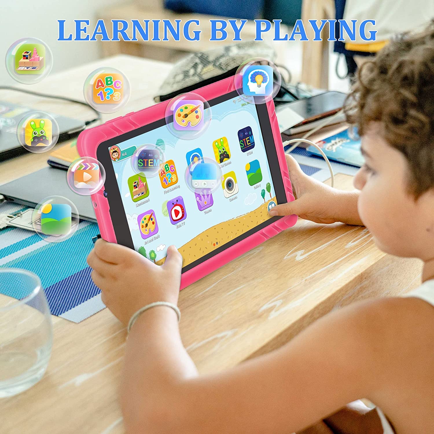 SGIN Tablet for Kids, 8 inch Kids Tablet Android 12 2GB+32GB Toddler Tablet with Parental Control IPS Eye Protection Screen Dual Cameras, WiFi, Games, Bluetooth, Learning Tablet(Pink)