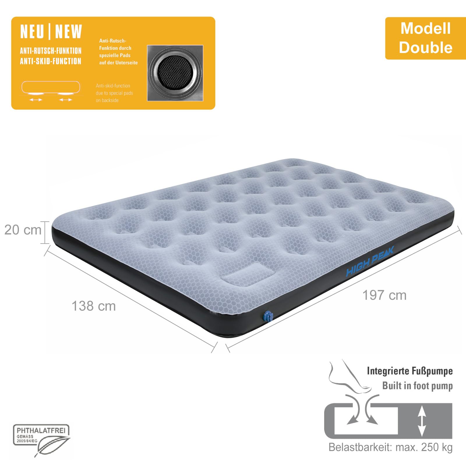 High Peak Comfort Plus Unisex Outdoor Camping Air Bed Available in Grau/Blau/Schwarz - X-Large