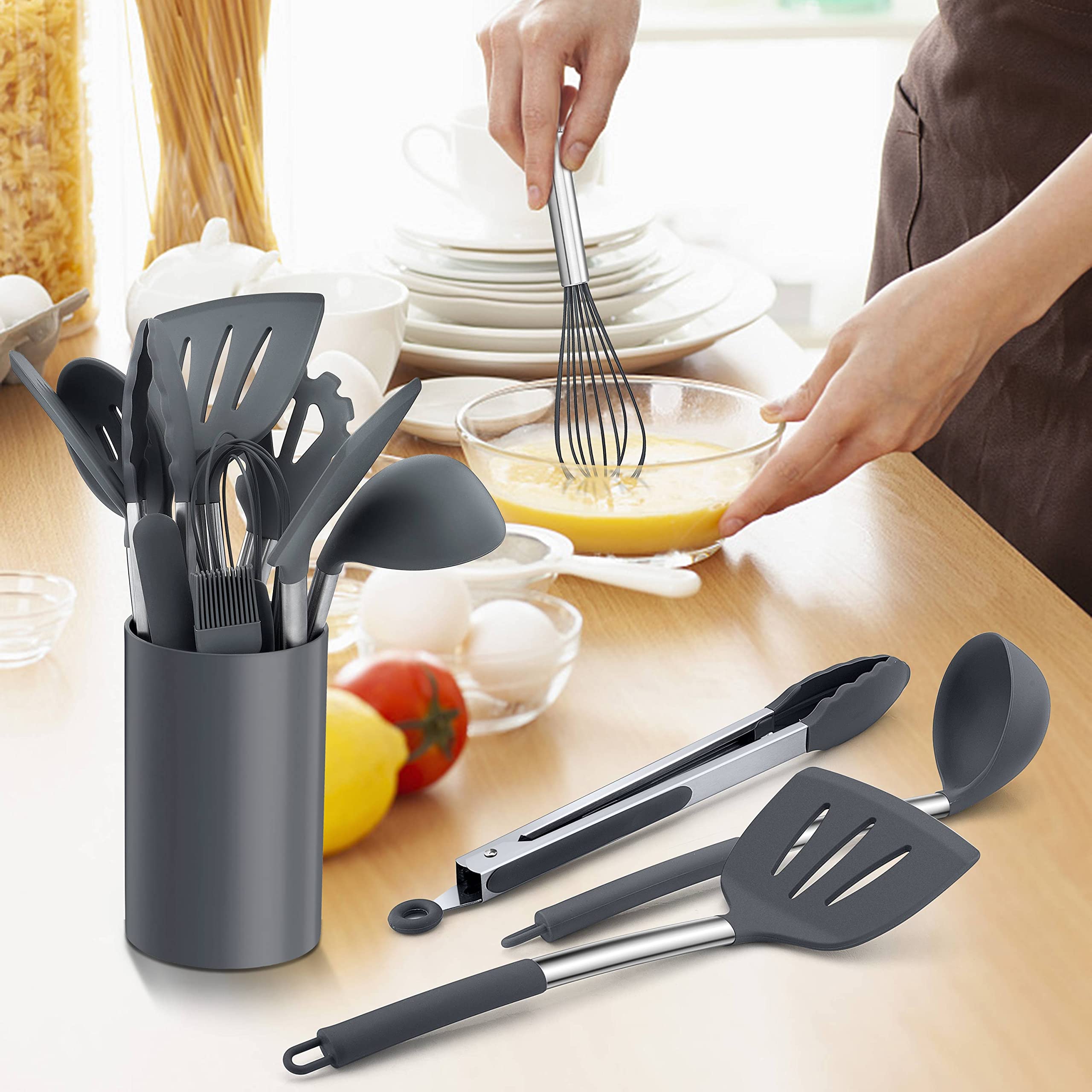 Homikit 38 Pieces Kitchen Cooking Utensils Set with Holder, Gray Silicone Utensil with Stainless Steel Handle, Nonstick Kitchen Tools with Spatula Ladle Pizza Cutter Grater Spoon Rest, Heat Resistant