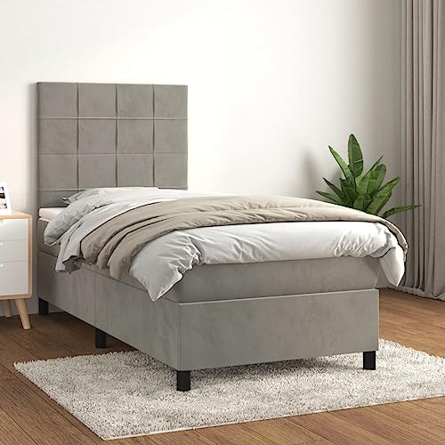 vidaXL Bed Frame, Box Spring Bed Single Platform Bed with Mattress, Bed Frame Mattress Foundation with Headboard for Bedroom, Light Gray Twin Velvet