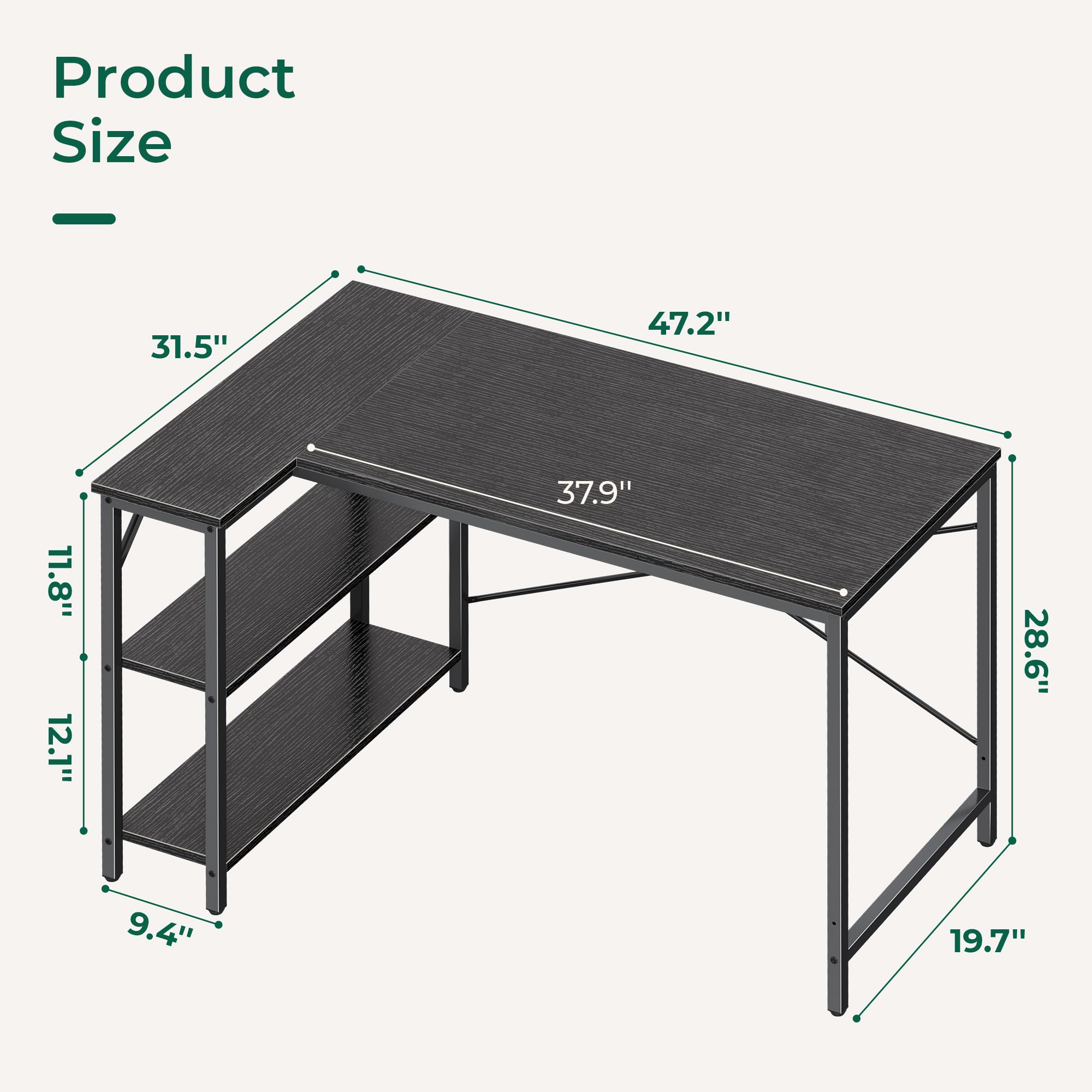 Huuger L Shaped Desk, 47 Inches Computer Desk with Reversible Storage Shelves, Gaming Desk, Corner Desk Home Office Desks, Writing Desk Study Desk with Metal Frame, Black