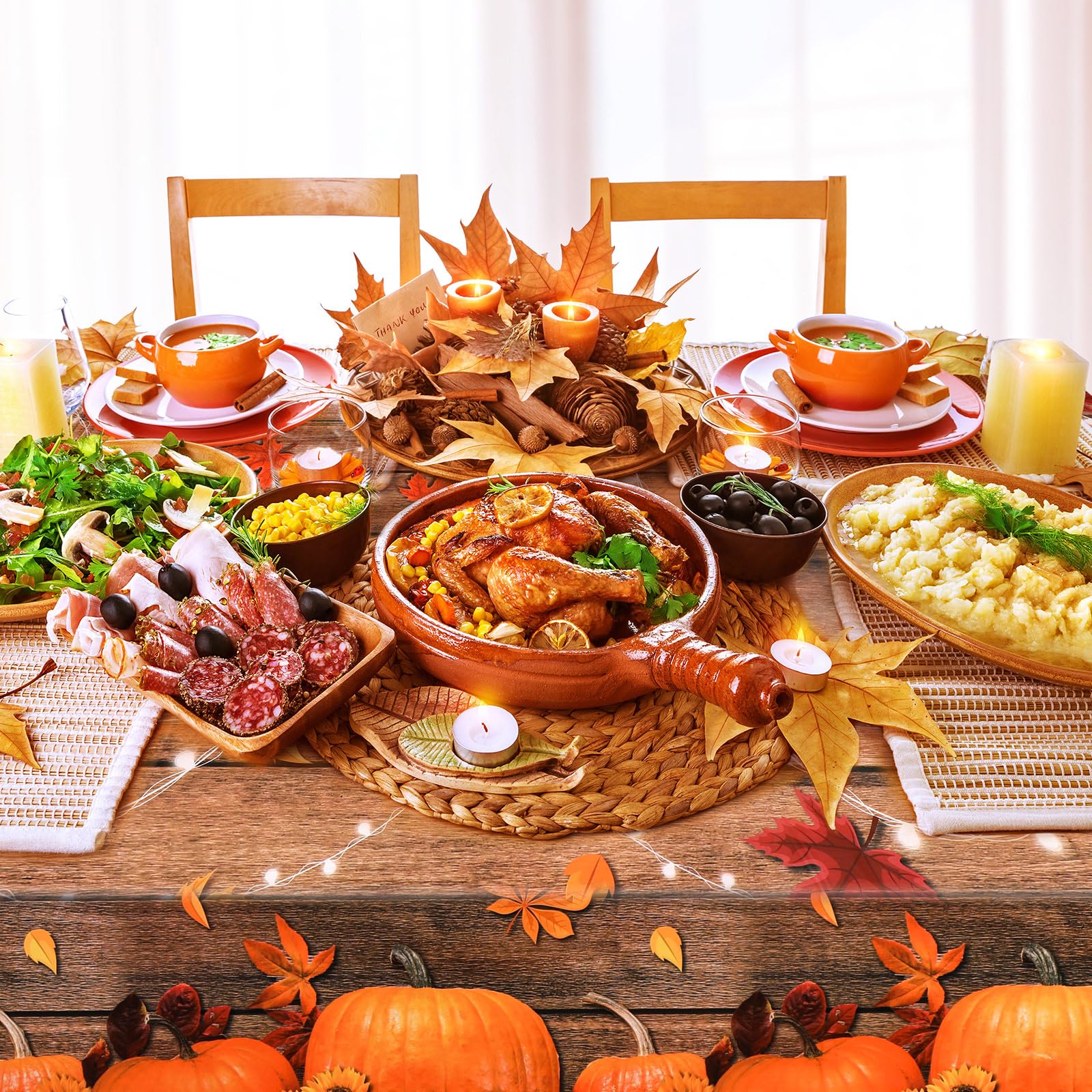 Hosuly 3 Pcs Fall Tablecloth Thanksgiving Pumpkin Plastic Tablecloth Disposable Plastic Cover for Table Rectangle Pumpkin Maple Leaf Table Cover for Autumn Harvest Holiday, 54 x 108 Inch (Cute)