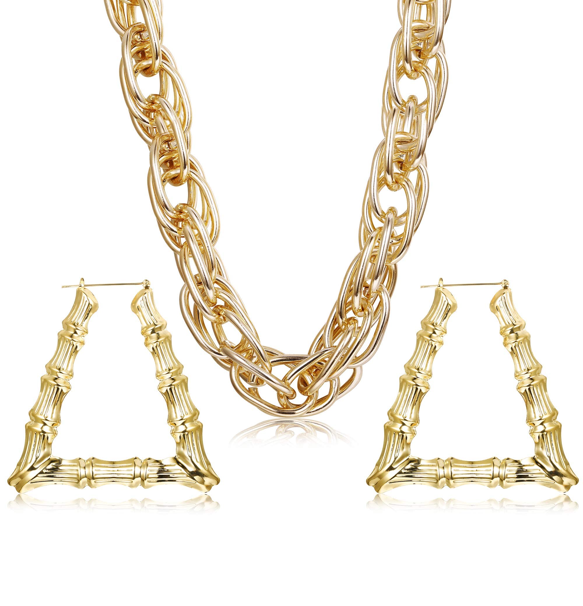 HANPABUM Gold Plated Chunky Rope Chain Necklace and Large Hollow Casting Triangle Bamboo Hoop Earrings Set for Men Women Costume Jewelry Punk Hip Hop Rapper Style (A:Triangle)