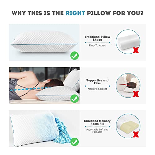 VVZ Shredded Memory Foam Pillows, Bed Pillows for Sleeping 2 Pack Standard Size 20 x 26 Inches, Luxury Hotel Cooling Gel Foam Pillows Set of 2, Adjustable Loft Pillow for Side and Back Sleepers