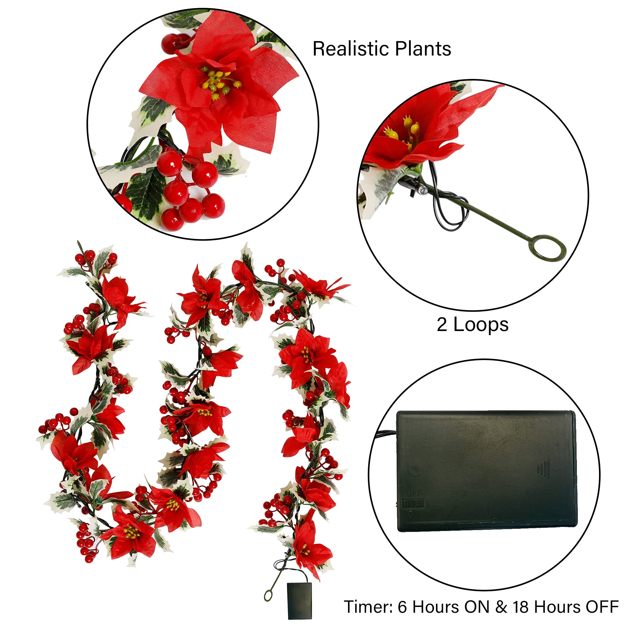 Happy Trees 6 Ft Christmas Garland Lighted Decorations, Artificial Flowers Red Berries Holly Leaves Garlands with Timer, Xmas Ornaments for Indoor Mantle Fireplace Home Decor