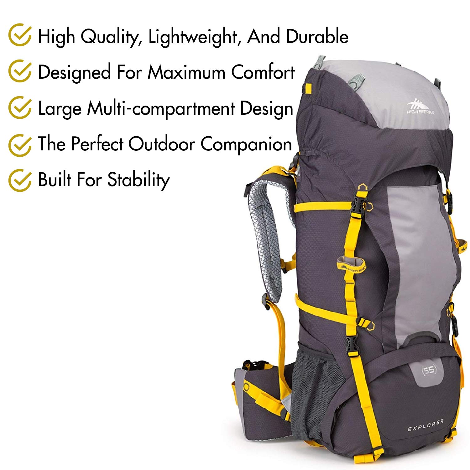 High Sierra Explorer Top Load Internal Frame Hiking Pack, Mercury/Ash/Yell-O, 55L / 30-Inch