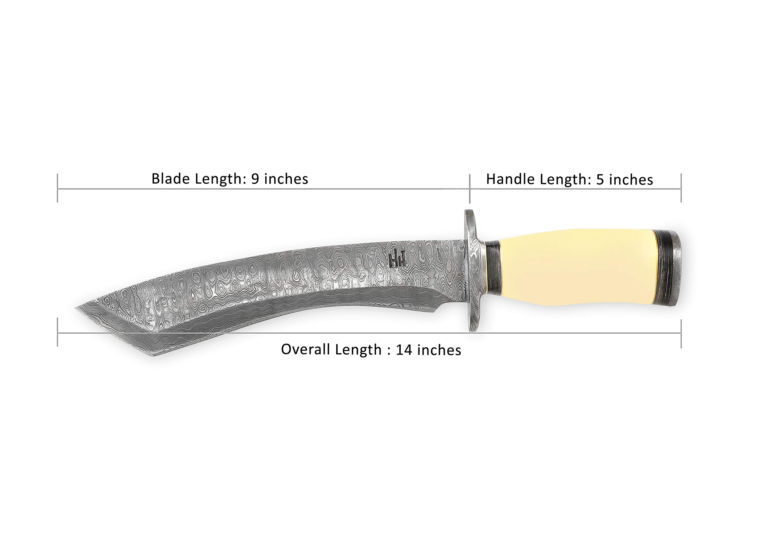 Hobby Hut HH-201, Custom Handmade 14 inch Damascus Steel Hunting Knife - Tantoo Blade - Camel Bone Handle - Leather Sheath