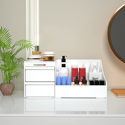 VZINO Drawer Makeup Organizer for Vanity, Large White Desk Organizer for Cosmetics, Skincare, or Stationery, Perfect for Bedroom and Office Countertops