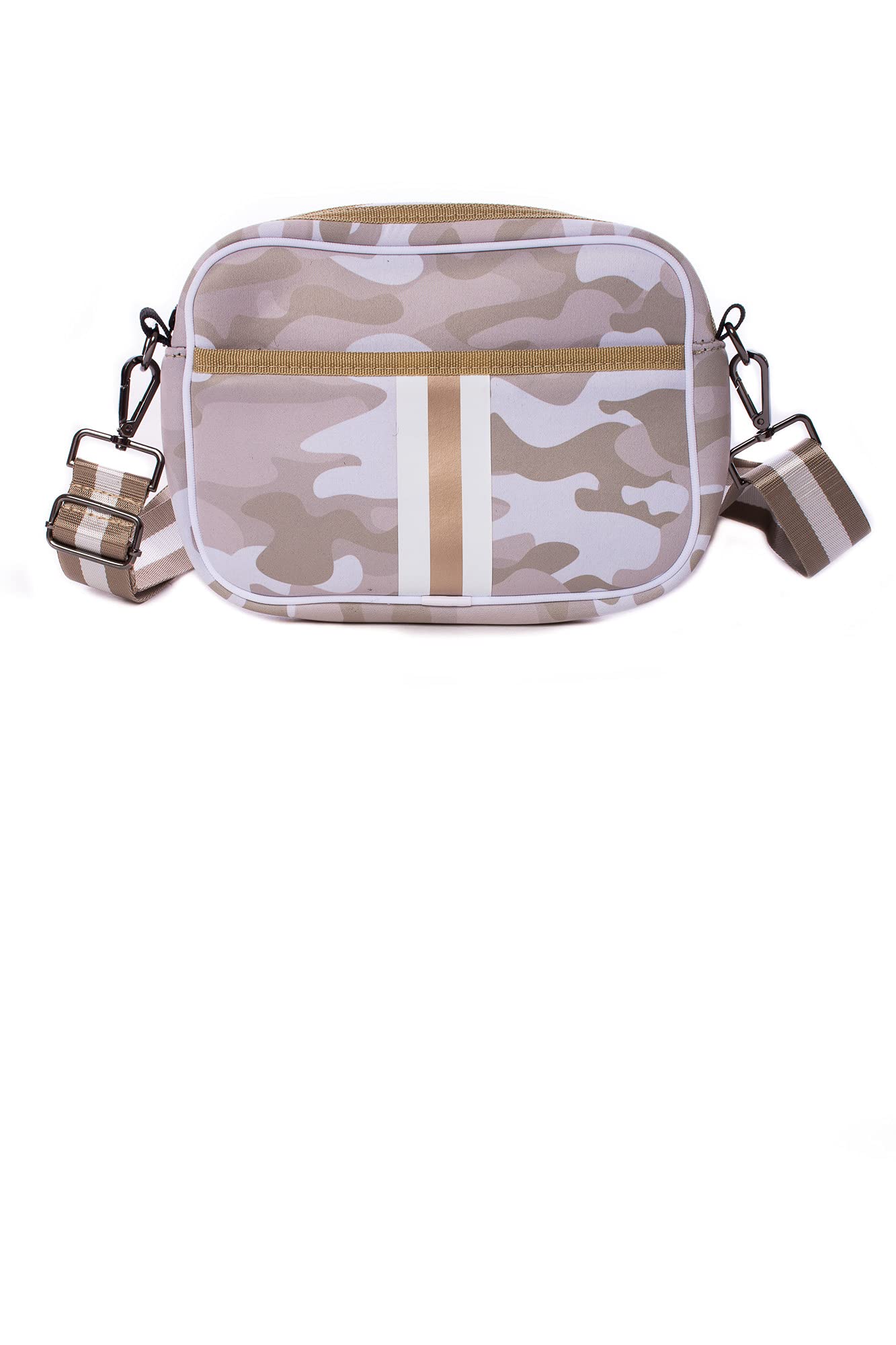 Haute Shore Drew Sahara Crossbody Tote Beige Camo WRose Gold and White Stripe