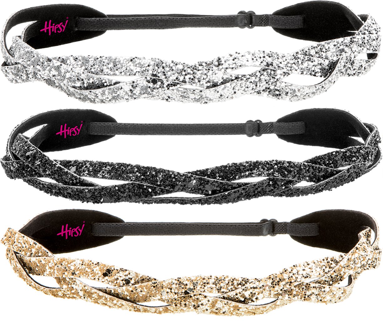 Hipsy Women's Adjustable Cute Fashion Bling Glitter Headband Braid Hairband Multi Pack (3pk Gold/Black/Silver Braided Bling Glitter)