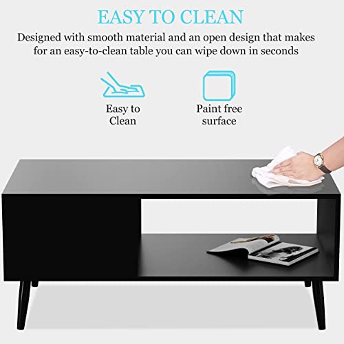 Yusong Modern Wood Coffee Table for Living Room, Retro Mid-Century Center Tables Cocktail Table with Storage Shelf for Reception, Black