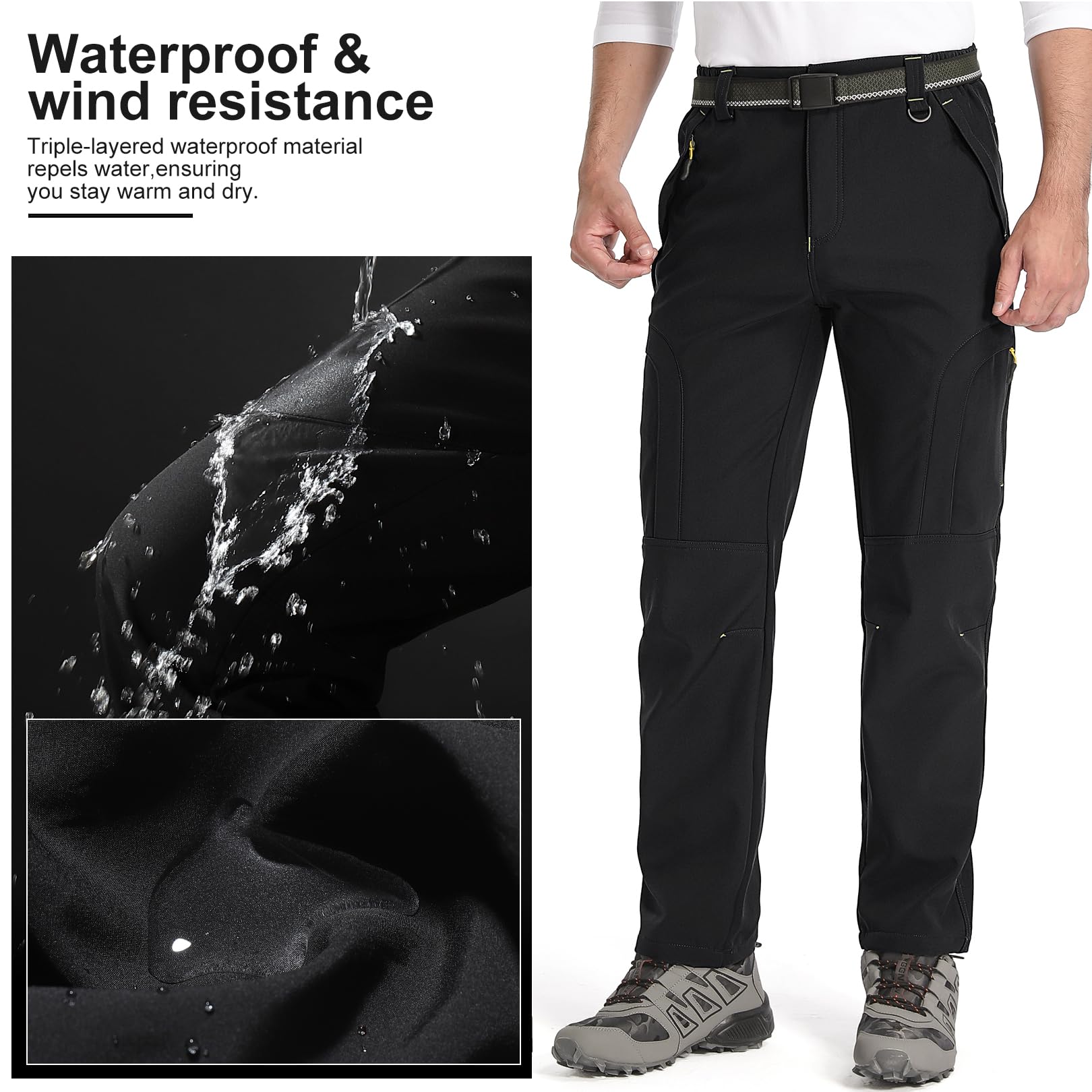 Hubunucc Men's Fleece Lined Soft Shell Winter ski Insulated Water and Wind-Resistant Hiking Rain Pants,MH4409,Black,US 34
