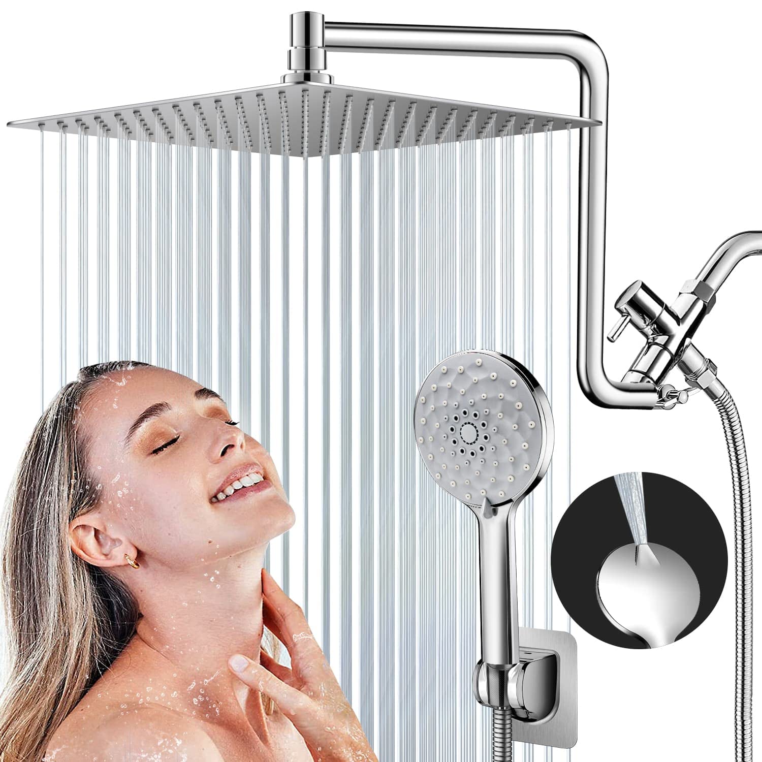 PinWin Shower Head, Upgraded Dual Rain Shower Head with Adjustable Extension Arm, 6-Setting Handheld Combo, Powerful High-Pressure Spray Against Low Pressure Water (12-Inch Showerhead Set, Chrome)