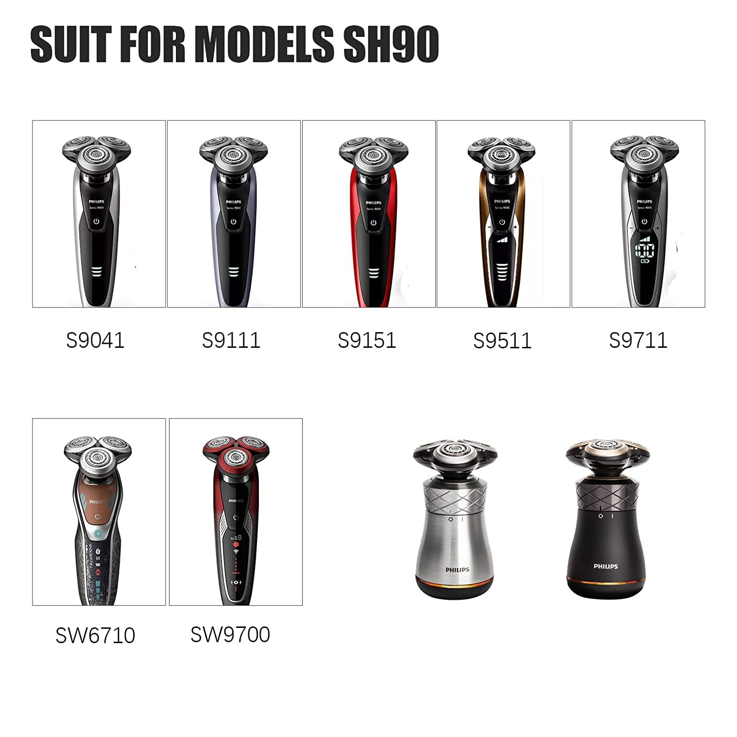 SH90 Replacement Heads for Philips Norelco Series 9000 Replacement Heads, Compatible With Shaver SH90 and Series 9000 (sh90/62 and series 9000), 6-pack