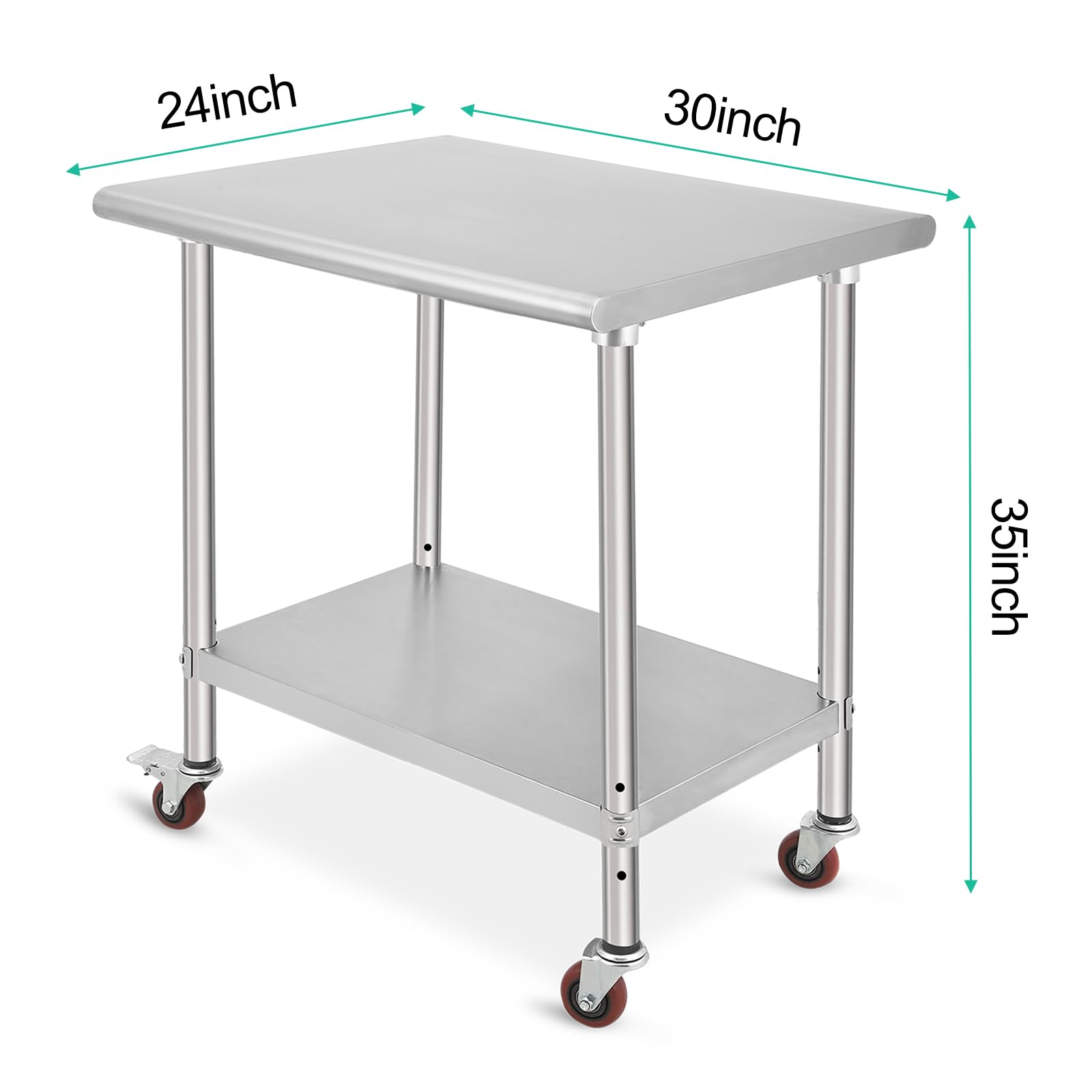 Stainless Steel Table for Prep & Work with Casters Wheel - 30"x24"x35", Double Layer with No Back Panel, NSF Certified Work Table for Kitchen, Garage, Restaurant, and Commercial Use