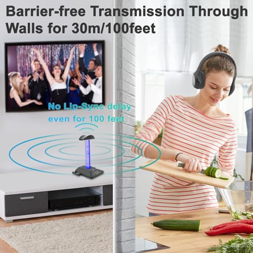 WallarGe Wireless Headphones for TV Watching with 5.8GHz RF Transmitter Charging Dock, Over-On Ear TV Headphones Wireless for 25Hrs Playtime and No Lip-Sync Delay, Plug & Play