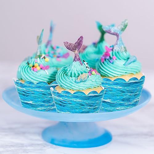 Whaline 48Pcs Ocean Wave Cupcake Wrappers Blue Sea Waves Cupcake Liners Summer Ocean Paper Baking Cup Cupcake Holders for Birthday Summer Ocean Theme Party Cake Decorations