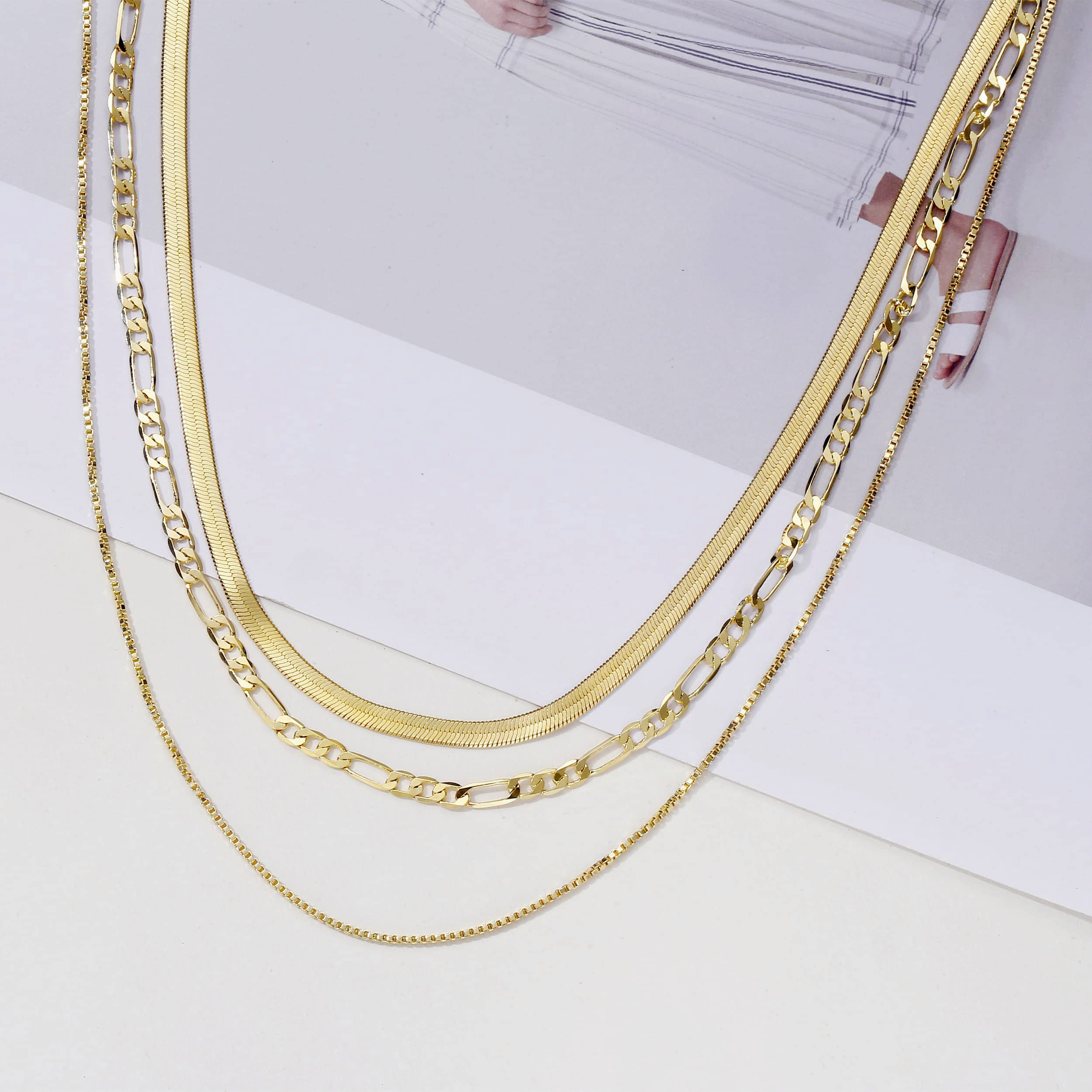 LEXODY 14K Gold Multi-layer Snake Chain Necklace Set Double Layer Snake Filled Herringbone Choker Necklace for Women Layering Cuban Chain Flat Snake Chain Jewelry