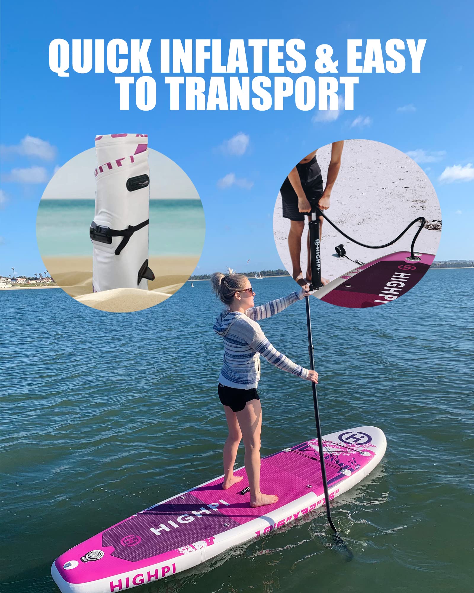 Highpi Inflatable Stand Up Paddle Boards, 10'6''x32''x6'' SUP with Accessories Backpack Anti-Slip Deck, Leash, Paddle and Hand Pump, Pink Paddle Board Standing Boat for Youth & Adult